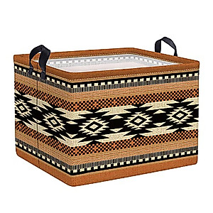 Clastyle Rectangle Brown National Geometric Storage Baskets Collapsible Waterproof Ethnic Style Clothes Storage Bin for Bedroom, 15.7 * 11.8 * 11.8 in