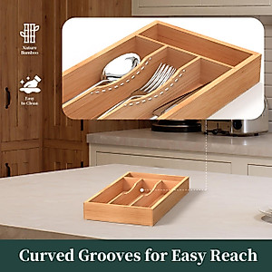 Small Silverware Organizer, Bamboo Kitchen Drawer Organizer, Utensil Holder, Cutlery Tray & Spoon Flatware Storage with Grooved Drawer Dividers
