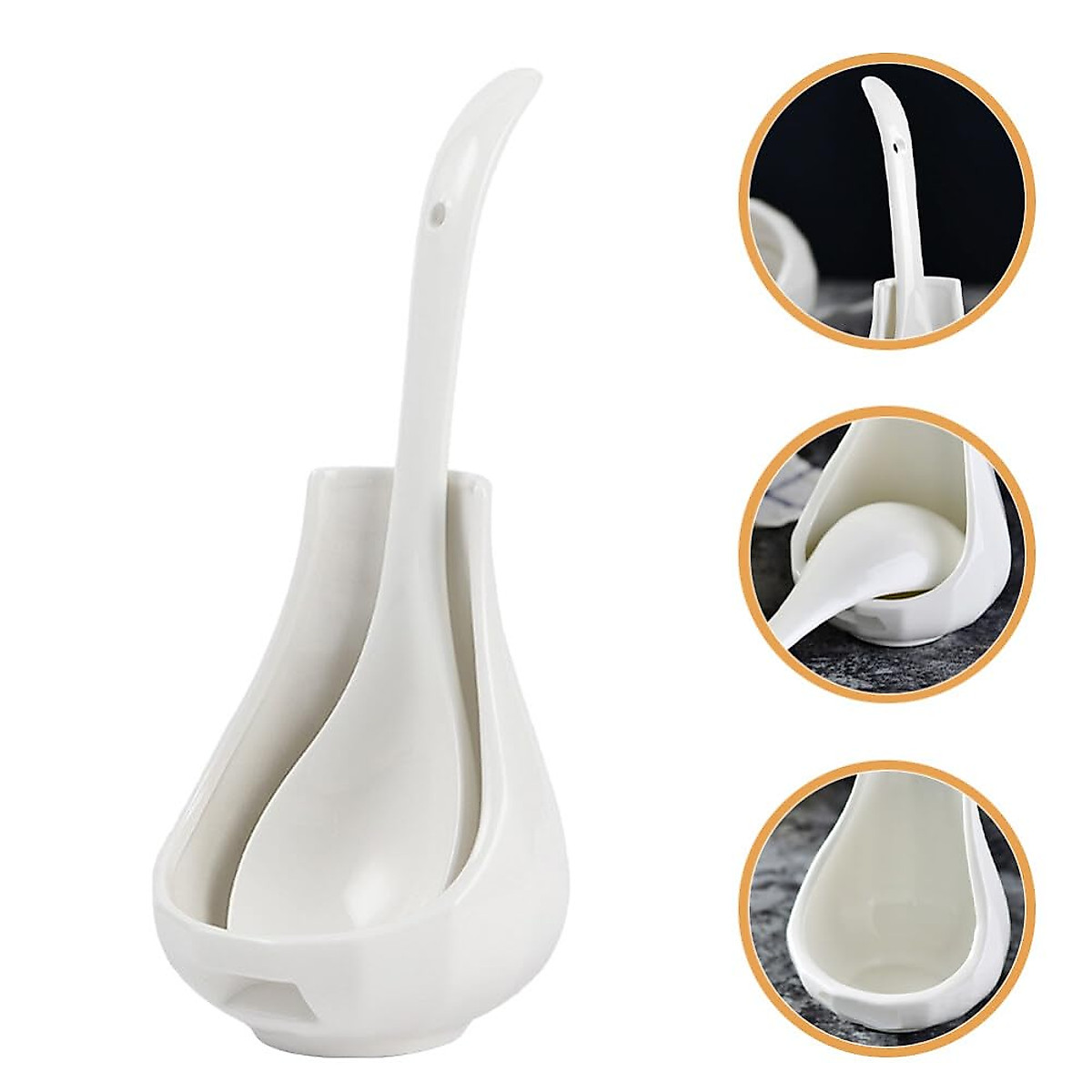 Luxshiny Hot Pot White Ceramic Soup Ladle with Rest Set Porcelain Big Ladle Spoon Asian Soup Tureen Spoon Flatware for Stews Gravy Sauce Soup Spoon Stand