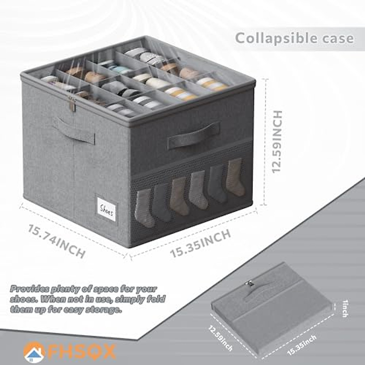 Shoe Organizer for Closet with Fabric Shoe Storage Bins - Clear Cover, Adjustable Dividers, and Foldable Bottom Support for 12 Pairs in Clear Storage Containers (Grey, (15.7 * 15.4 * 12.6) x1)