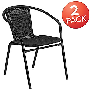 EMMA + OLIVER 2 Pack Black Rattan Indoor-Outdoor Restaurant Stack Chair with Curved Back