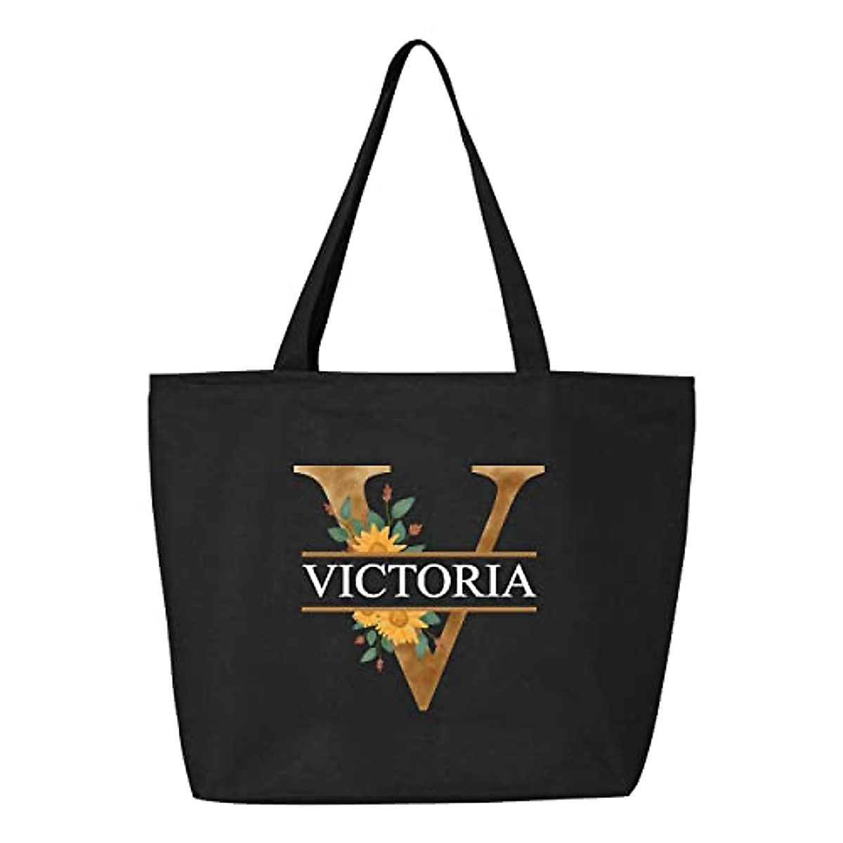 Customized Initial Zippered Canvas Bag, Personalized Floral Initial Tote, Custom Tote, Shopper Tote, Bridesmaid Gift, Wedding Gift Bag, Letter Zippered Canvas Bag (20"W x 15"H x 5"D, Black)