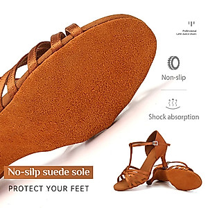 JUODVMP Women Latin Dance Shoes Brown Satin Ballroom Performance Salsa Tango Practice Dance Shoes 3inch High Heel Model WX217,8 US