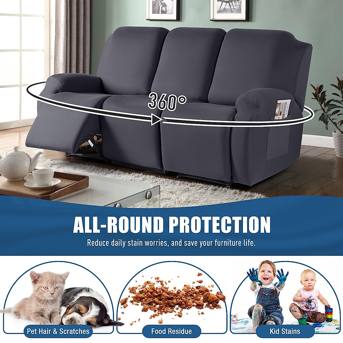 TAOCOCO Recliner Sofa Slipcover, 3 Pieces Polyester Fabric Stretch Sofa Covers for 3 Seat Reclining Couch, Soft Washable Furniture Protector with Pockets (3 Seat, Dark Gray)