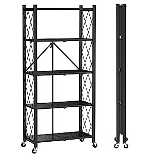 Mochubang Foldable Storage Shelves Unit, 5 Tier Folding Shelf Steel Shelving Rack with Wheels for Mobile Storage in Kitchen, Warehouse, Closet, Patio, Pantry, No Assembly, 1250 lbs Capacity, Black