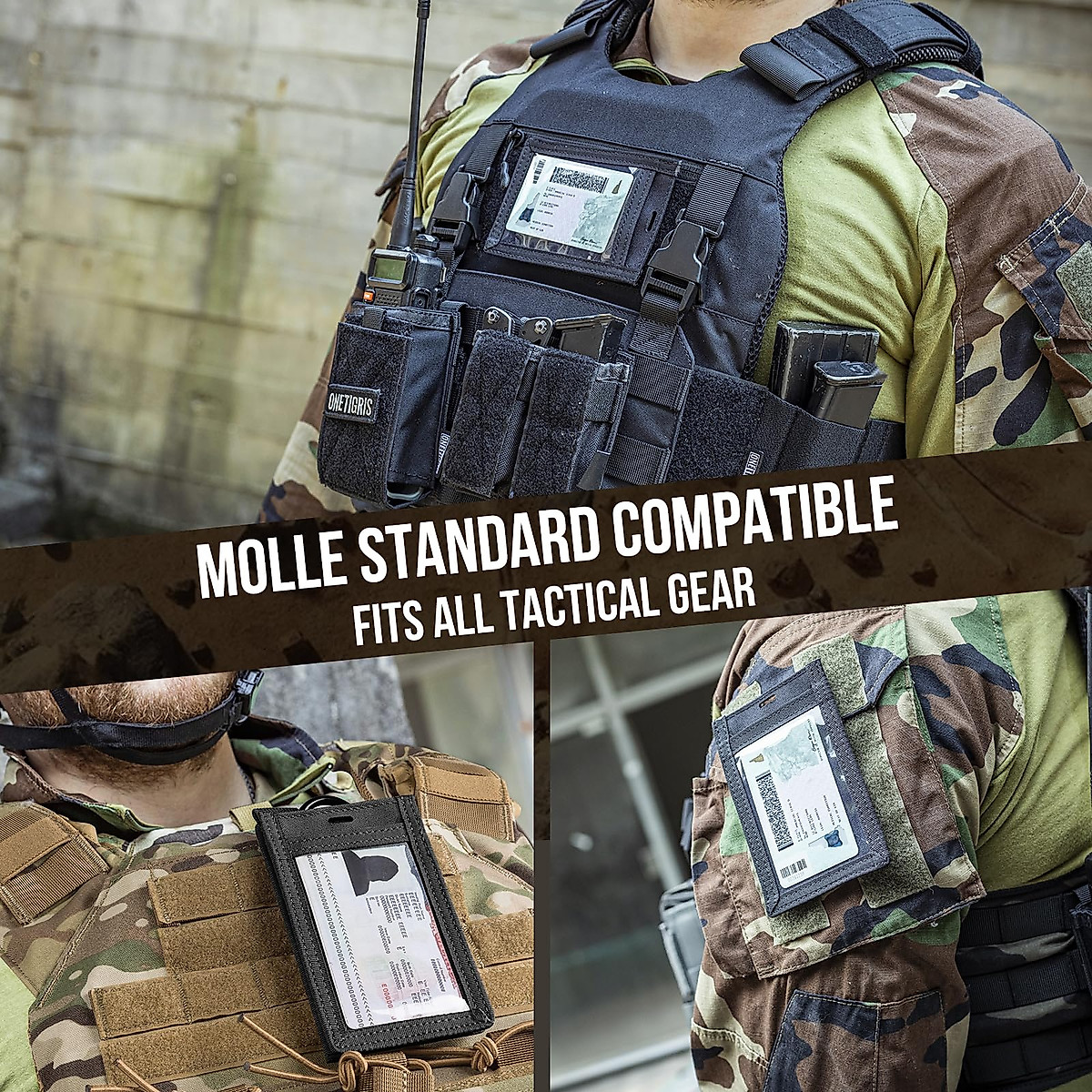 OneTigris Tactical ID Card Holder Hook & Loop Patch Badge Holder Neck Lanyard Key Ring and Credit Card Organizer (Black)