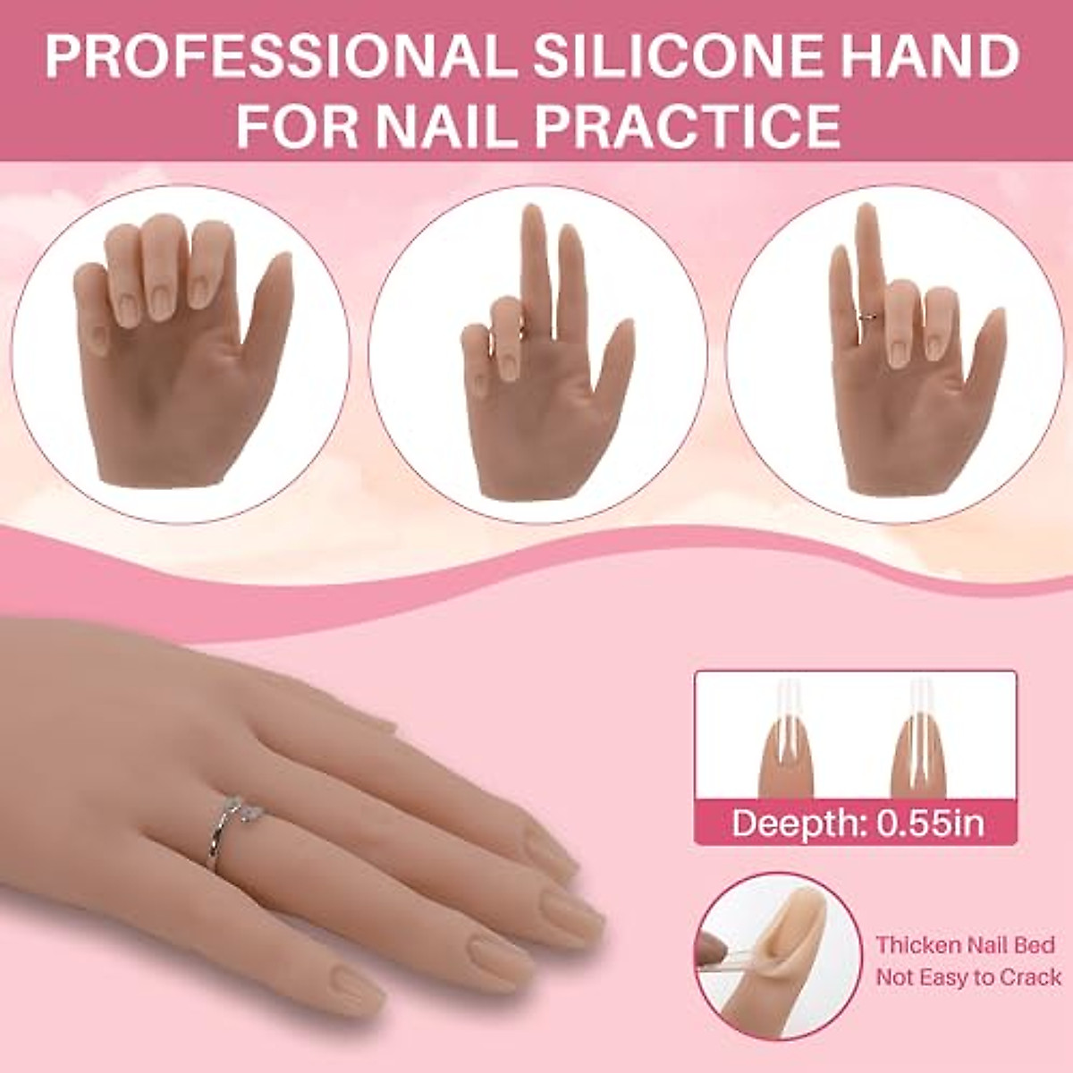 Fromeet Silicone Practice Hand for Acrylic Nails, Realistic Nail Practice Hands with Bracket, Flexible Reusable Mannequin Hand for Nail Display, Acrylic Nail Training Hand Kit for Manicure Beginners