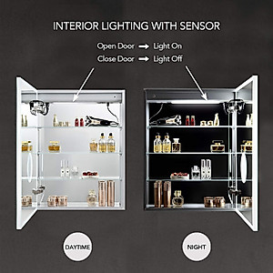 Recessed or Surface LED Mirror Medicine Cabinet with Lights, LED Medicine Cabinet w/Defogger, Dimmer, 3X Makeup Mirror, Outlets & USB (24x32/Right Hinge/Zoom Mirror)