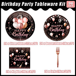Kepeel 96 Pcs Rose Gold Birthday Plates and Napkins Party Supplies for Women Paper Pink Girls Glitter Happy Birthday Party Disposable Tableware Set Decorations Favors, Serves 24