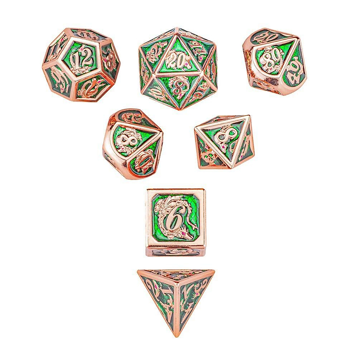 HYMGHO DND Dice Set Copper Dragon dice Enamel Green zamak with dice Box D&D Polyhedral Dice for Dungeons and Dragons dice Trpg 7 Pieces die Tabletop Games Board Gaming dice Vault