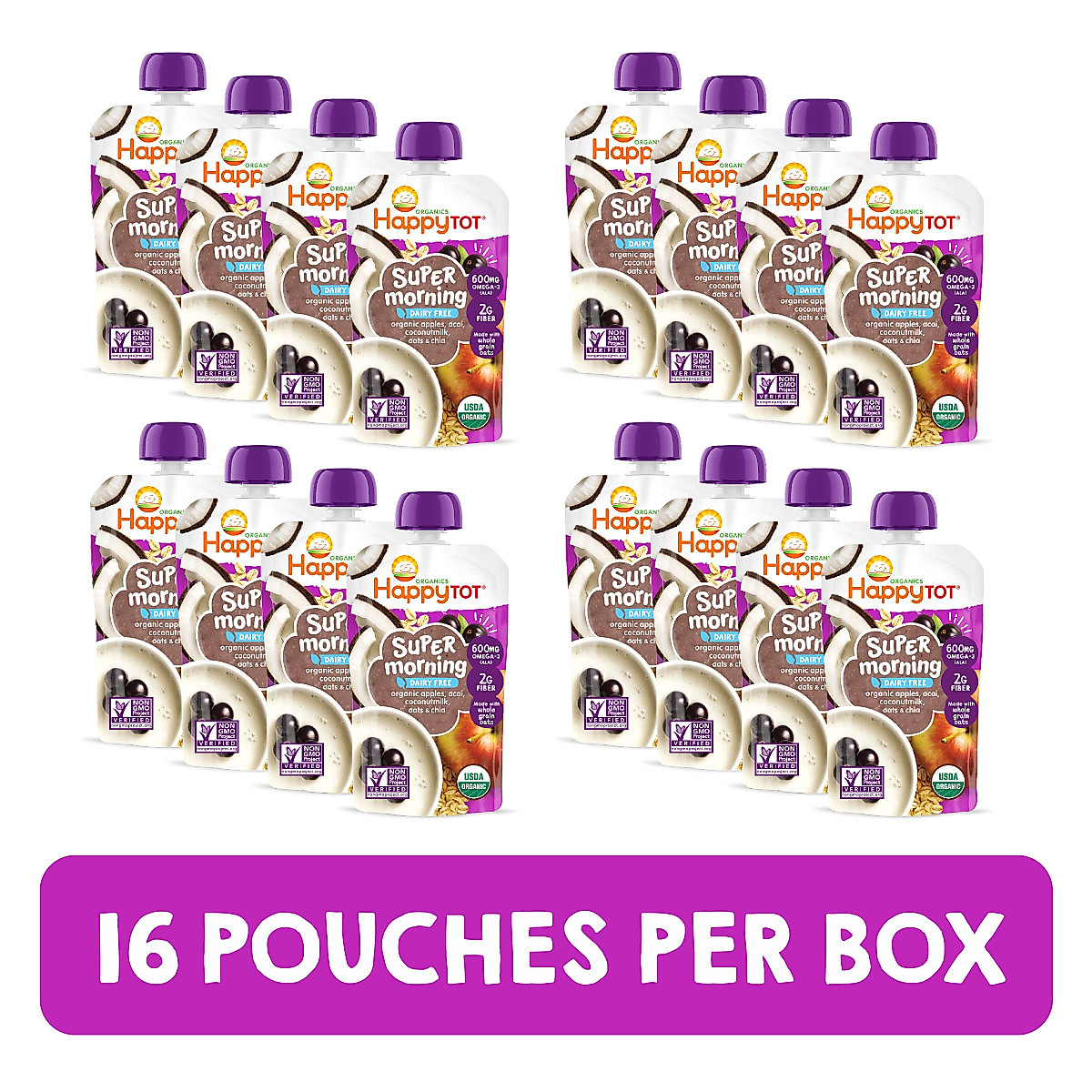 Happy Tot Organics Stage 4 Baby Food Pouches, Gluten Free, Vegan & Dairy Free Snack, Super Morning Fruit & Oat Blend, Apple, Acai, Coconutmilk, Oats & Chia, 4 Oz (Pack of 16)