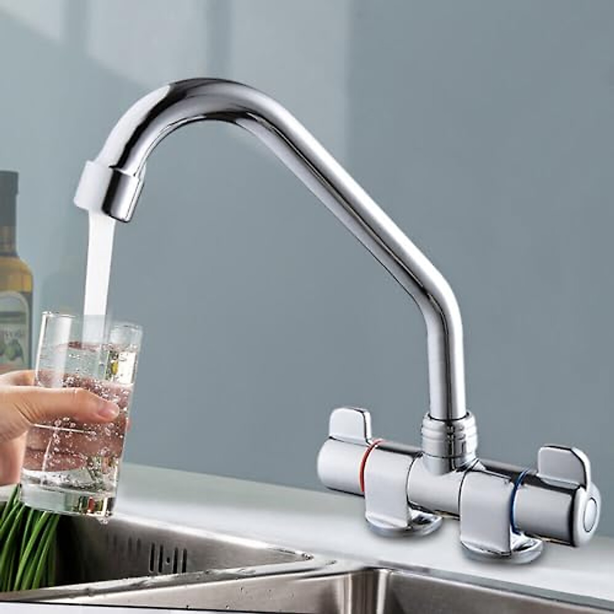 Camper Faucet Folding Faucet RV Water Tap Cold and Hot Water 360 Degree High-end Kitchen Sink Faucet Gooseneck Spout Dual Knob Handles Brass Constructed & Chrome Polished