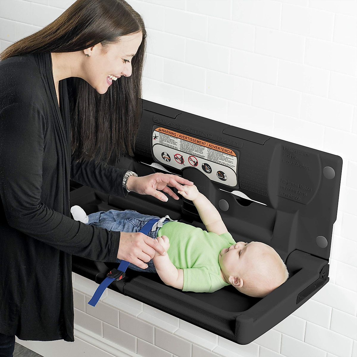 Foundations 100-EH-02 Classic Horizontal Surface-Mounted Baby Changing Station for Commercial Restrooms, Includes Safety Straps and Liner Dispenser, Easy to Clean & Install, Made in The USA (Black)
