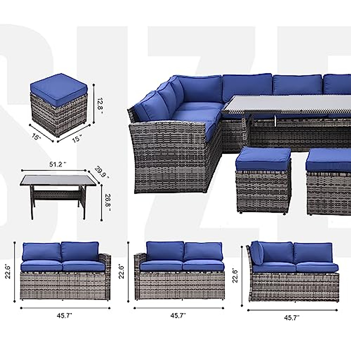 Affmitime 7 Pieces Patio Furniture Set, All Weather Wicker Outdoor Sectional Couch Sofa Dining Table Chair Set, Outside Furniture Conversation Set for Backyard Garden Poolside Balcony (Blue)