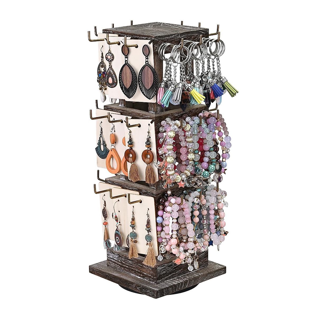 Ikee Design Wood Rotating Jewelry Display Stand Tower,Spinning Keychain Display Stand,36 Hooks Spinning Necklace, Bracelet, Earring Rack for Vendor, Coffee Color