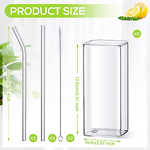 6 Pieces Square Drinking Glasses 13 oz Square Glass Cups Modern Highball Glasses Thin Cute Cocktail Glasses Glassware with Straws and Straw Brushes for Coffee Water Juice Beer Mixed Drink Tumbler