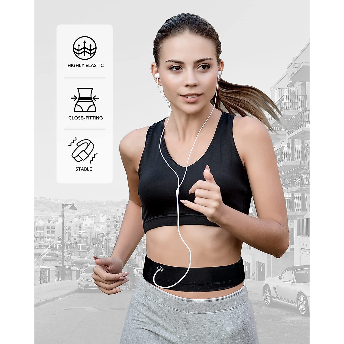 WATERFLY Running Belt Fanny Pack: Slim Thin Elastic Waistband for Men and Women Runner Marathon Jogger Waist Bag Sport Workout Fitness Exercise Gym Jogging Phone Holder Belt