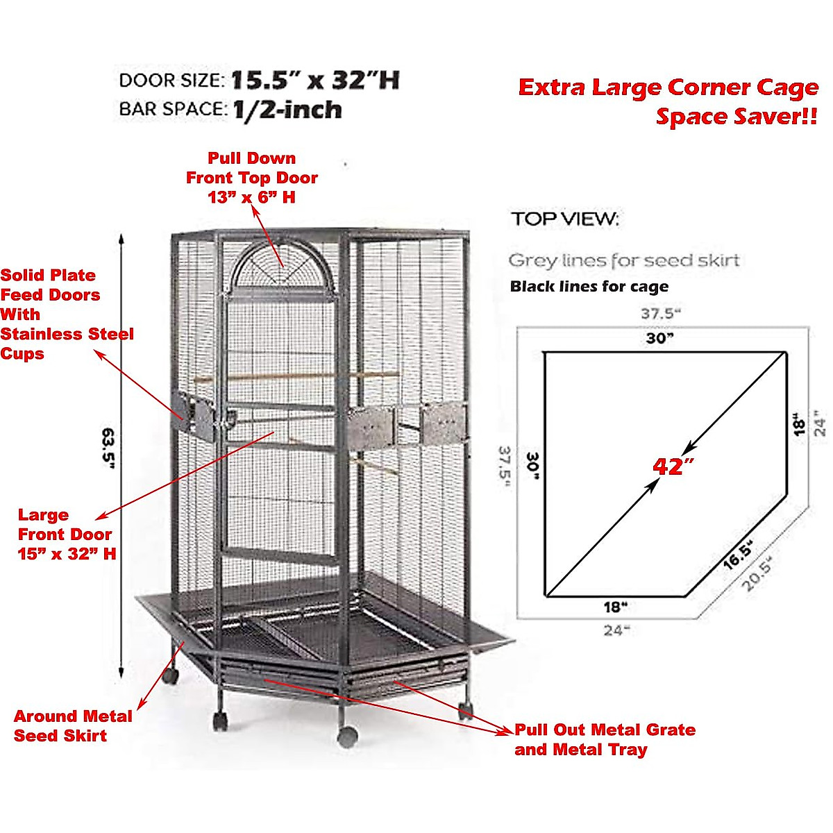 64" Extra Large Corner Flight Bird Parrot Cage for Cockatiel Parakeet Budgies Parrot with Around Metal Seed Skirts, Tight 1/2-Inch Bar Spacing (BlackVein)