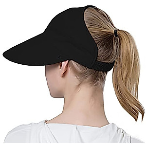 Muryobao Womens Baseball Sun Hat Outdoor Wide Brim UV Protection Foldable Ponytail Mesh Summer Visor Cap with Removable Neck Face Flap for Garden Beach Travel Black