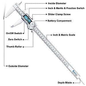 Kynup 0-12 Inch Digital Caliper, Caliper Measuring Tool with Stainless Steel, IP54 Waterproof Protection Design, Easy Switch from Inch Metric Fraction, Large LCD Screen (200mm/300mm)