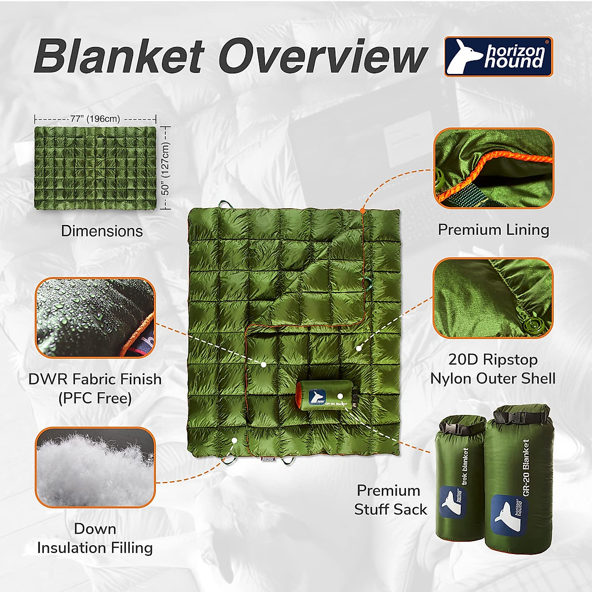 Horizon Hound Down Camping Blanket - Trek, Green Travel Blanket | Sustainable Insulated Down | Lightweight & Warm Quilt for Camping, Stadium, Hiking & Festival | Water Resistant, Packable & Compact