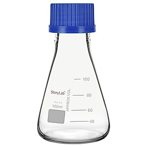 stonylab Erlenmeyer Flask with Blue Screw Cap Graduated Lab Borosilicate Glass Conical Flask, 100 ml