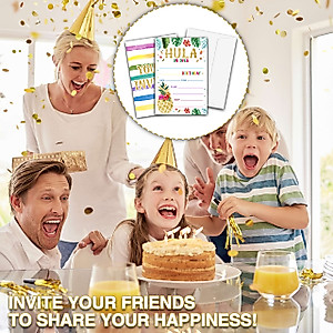 Aloha Birthday Party Invitations, Summer Birthday Invitation, Double-Sided Hawaiian Pineapple Themed Fill In Invites, Kids Tropical Luau Birthday Party Decorations, 20 Cards With 20 Envelopes(C01)