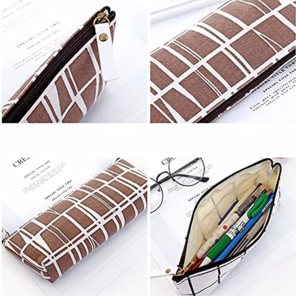 JINGYOU Pencil Bag, Solid Color Stationery Bag, Striped Grid Pen Pouch, Canvas Pencil Case, Kawaii Pencil Case for Students Office(Grey)