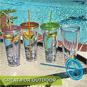 Lily's Home Insulated Tumbler Cups with Straws and Lids, Double Wall Clear Acrylic Plastic. Perfect for Iced Coffee, Hot Drinks, Water. BPA Free. Multicolor lids - 4 Pack (32 oz, Clear)