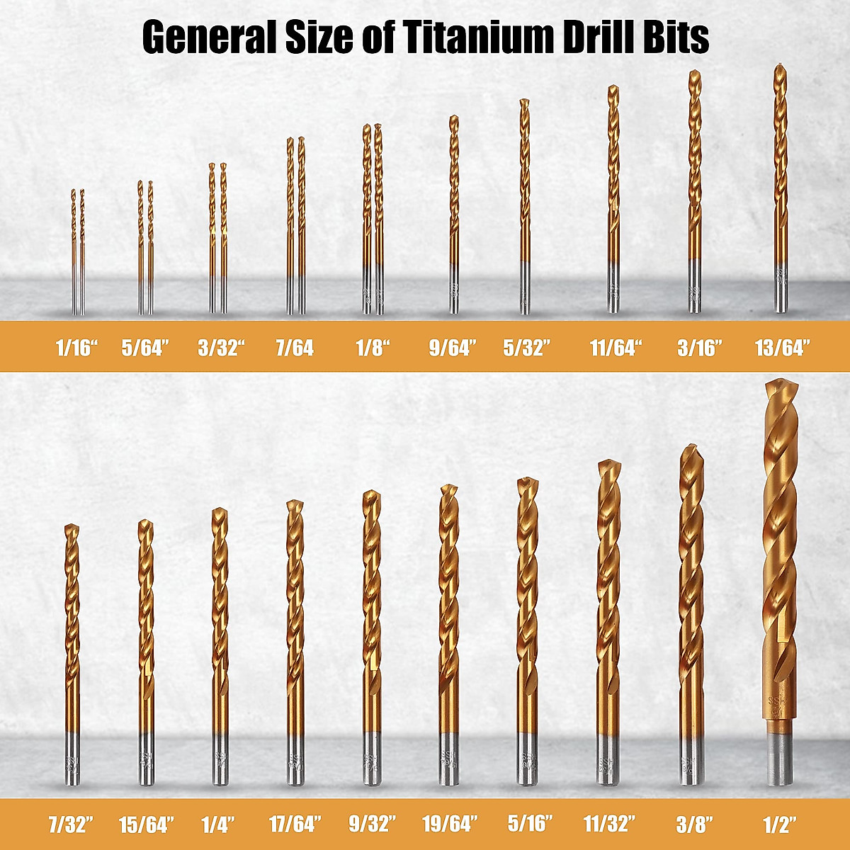 MulWark 25PC Titanium Nitride Coated Twist Drill Bit Set, 135° High Speed HSS Steel Jobber Drill Bits 1/6"-1/2" Straight Round Shank Drill Bits