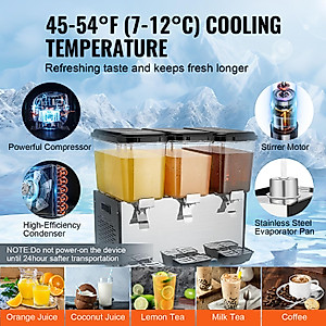 VEVOR Commercial Beverage Dispenser, 3 Tanks 18 L / 19 QT Per Tank Juice Dispenser, 512W Stainless Steel Ice Tea Drink Machine with 45°F-54°F Cooling Temperature, for Cold Drink Restaurant Bar Party