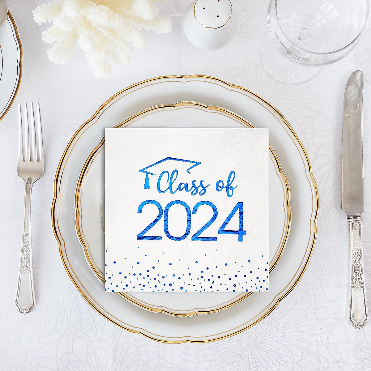 100Pcs Class of 2024 Graduation Napkins, Disposable Congrats Grad Paper Cocktail Napkins Square Foil Dot Hand Towels for 2024 School University College Graduation Party Decorations（Blue）