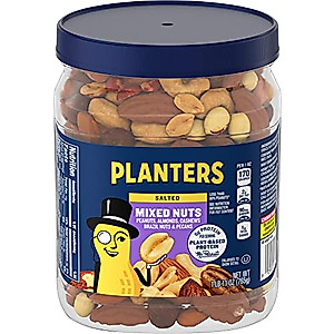 PLANTERS Mixed Nuts, Salted, 27 oz, Resealable Jar - Salted Nuts with Less than 50% Peanuts^ (*Nuts are Measured by Weight), Almonds, Cashews, Hazelnuts & Pecans - Kosher