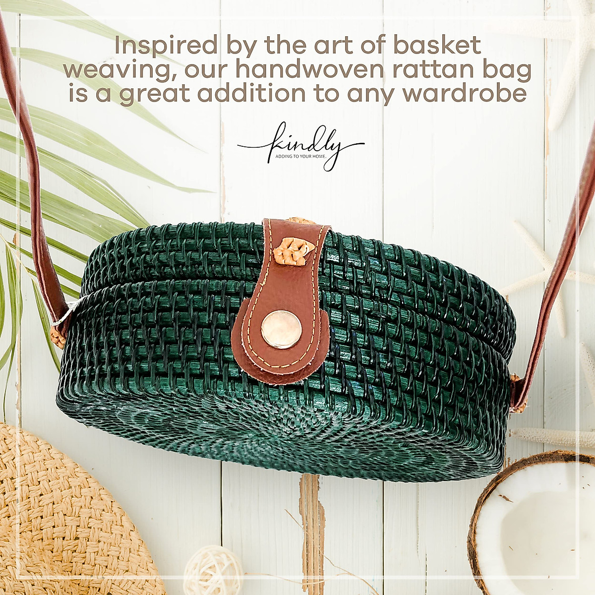 Woven beach bag - Green crossbody bag. Round rattan bags for women. Handwoven natural round rattan bag. Boho style wicker bag. Woven purse durable, trendy, natural rattan small bag.