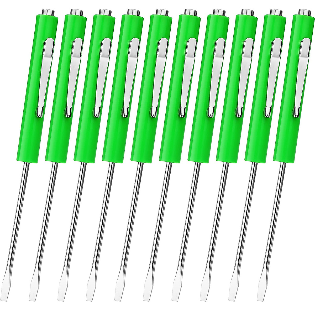10 Pieces Pocket Screwdriver Mini Tops And Pocket Clips Pocket Screwdriver Magnetic Slotted Pocket Screw Driver with A Single Blade Head for Mechanical, Electrician (Green)