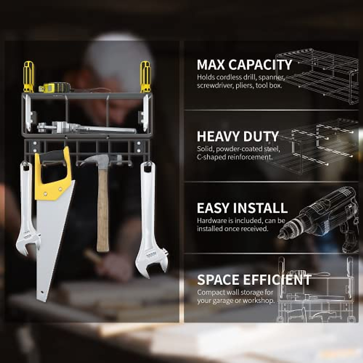 OMNINOVA Power Tool Organizer, 2 Pack Garage Tool Organizers and Storage with Screwdriver Holder, Drill Holder Wall Mount, Heavy Duty Metal Tool Shelf, Utility Storage Rack for Cordless Drill