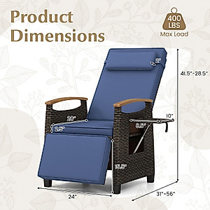 RELAX4LIFE Rattan Outdoor Recliner Chair - Wicker Chaise Lounge Chair w/Adjustable Back & Footrest, Acacia Wood Armrests, Flip Side Table, Cushion, Reclining Patio Chair for Pool Yard (1, Navy)