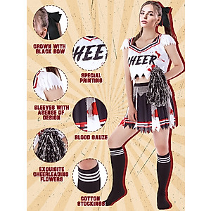 Xtinmee Halloween Zombie Cheerleader Costume for Women Girls Scary Cheerless Bloody Dress Pom Poms Hair Ropes Striped Socks (XL)