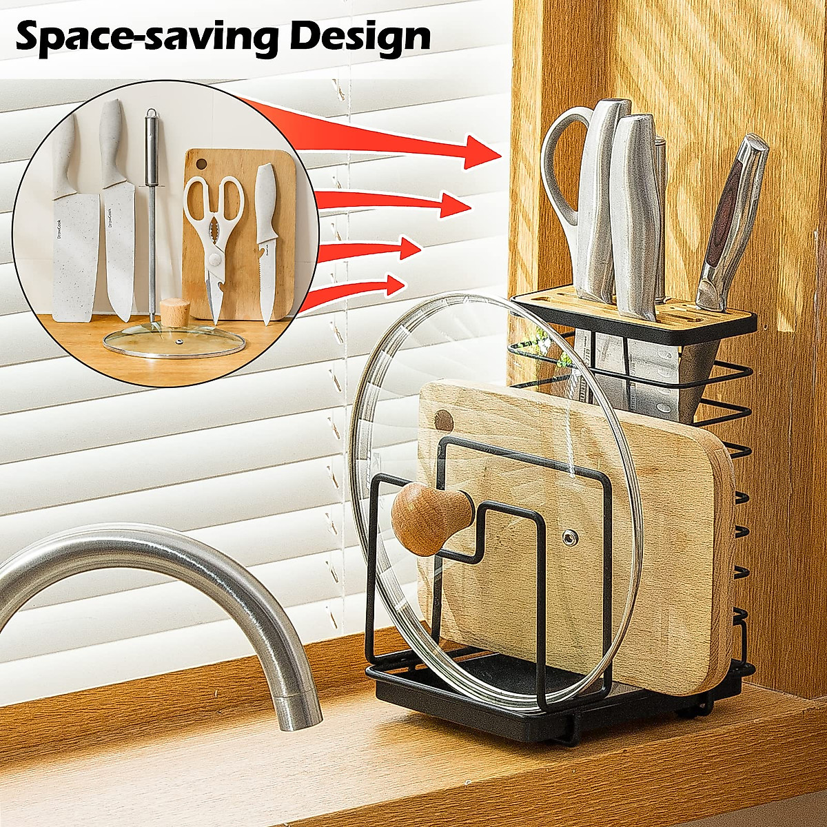 Poeland Cutting Boards Knife Organizer, 3 in 1 Kitchen Organizer Rack, Kitchen Utensils Rack Chopping Boards/Knives/Pot Pan Lid Storage with Drip Tray, Black