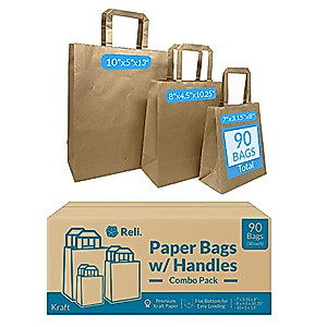 Reli. 90 Pack | Assorted Sizes Kraft Paper Bags w/ Handles | 7x3.15x8" - 8x4.5x10.25" - 10x5x13" | 30 Bags Each Size | Paper Bags Combo Pack | Retail Bags/Shopping Bags, Gift Bags