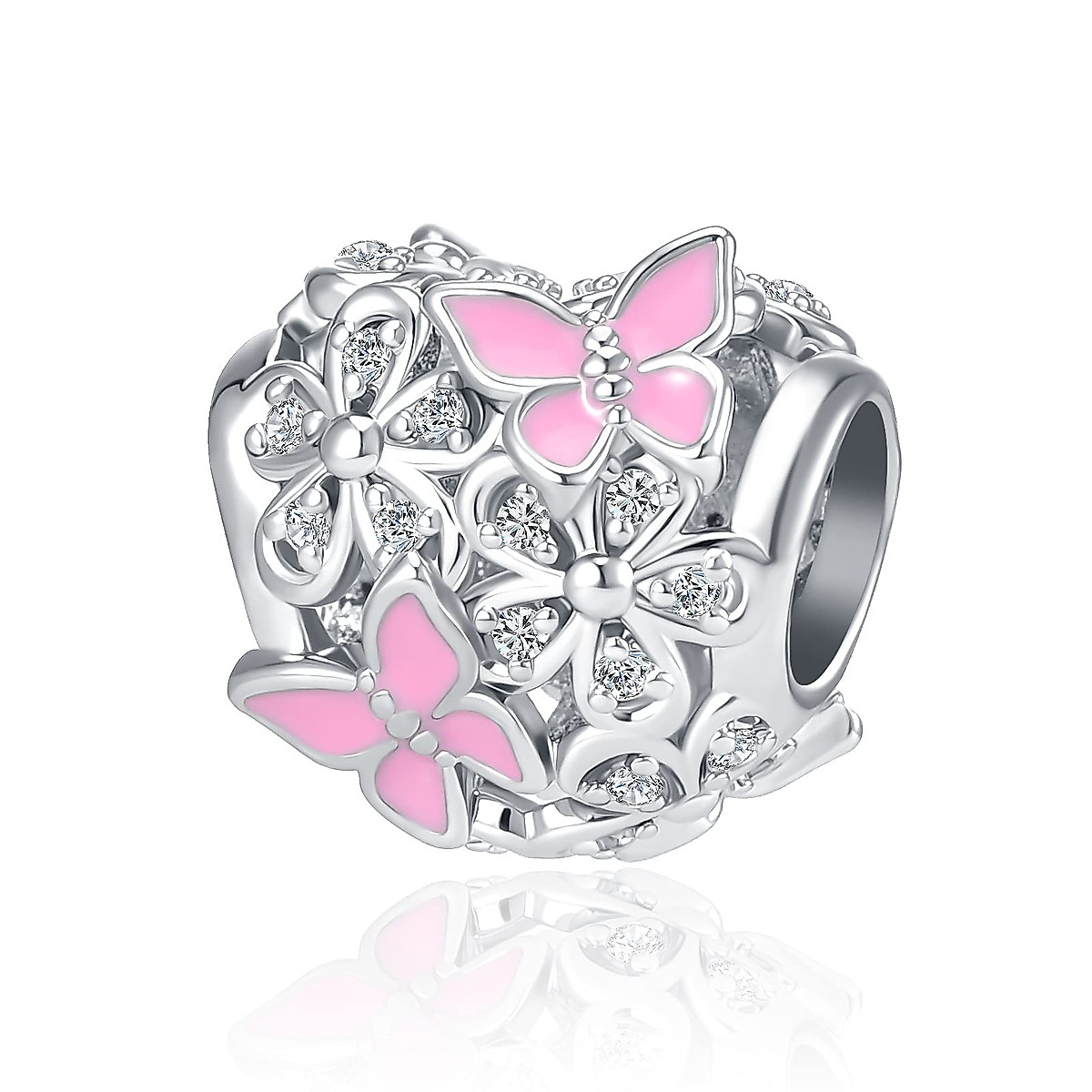 QeenseKc Butterfly Flower Garden Charm Pink Enamel Heart Crystal Openwork Bead fit Pandora Charm Bracelet, Pink