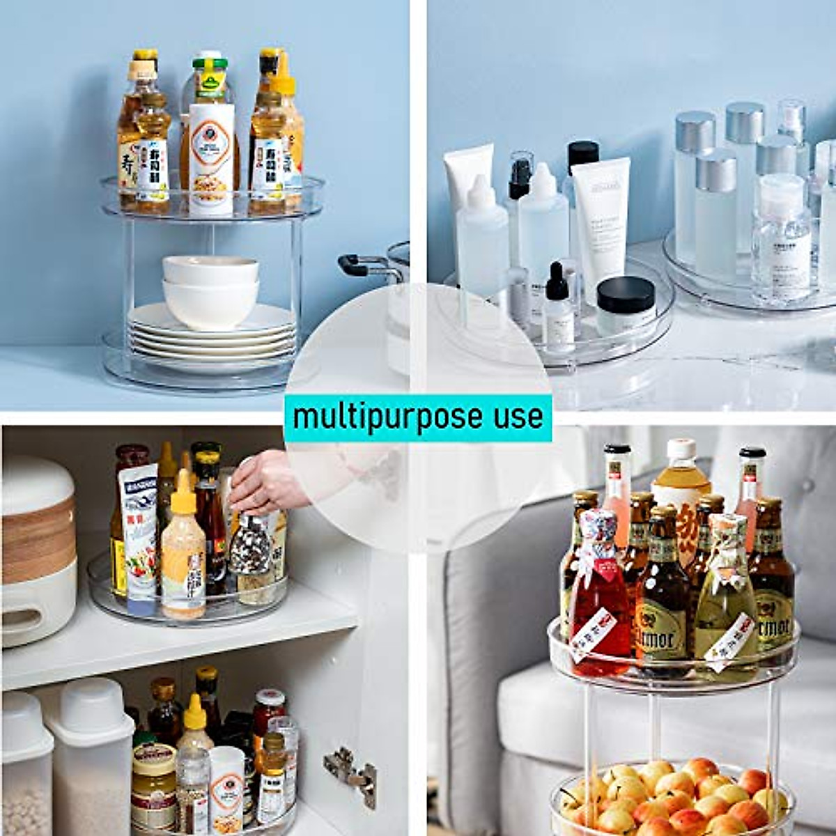 2 Tier Lazy Susan - 2 Pack 360 Degree Rotating Spice Rack - Turntable Cabinet Organizer for Cabinet, Fridge, Kitchen, Bathroom, Vanity Display Stand (2pack-9in)