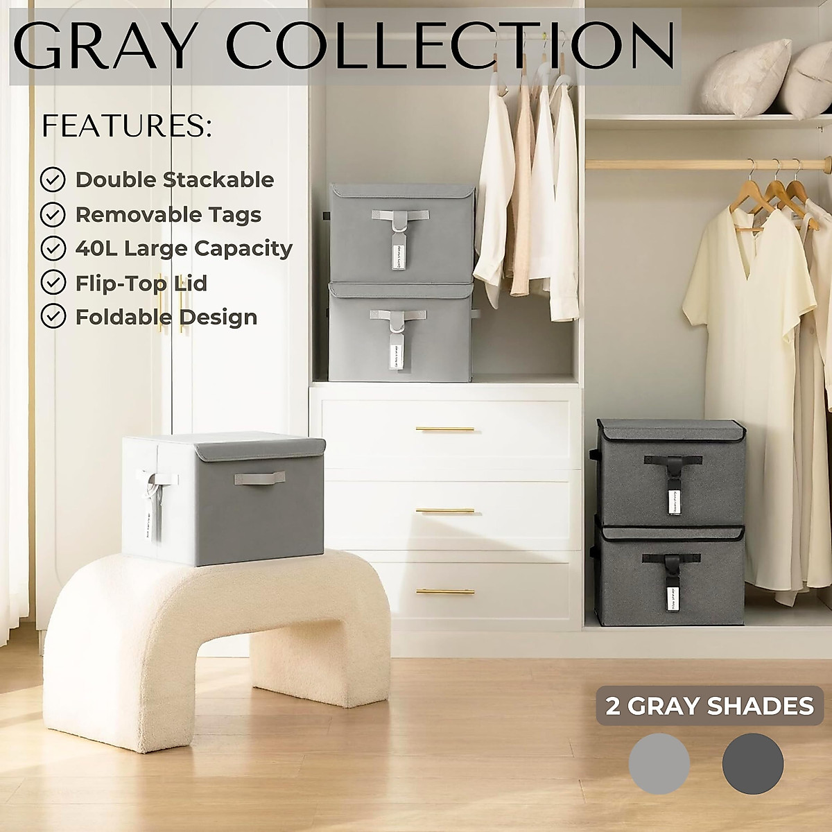 Extra Large 40L 3-Pack Collapsible Storage Bins with Lids, Stackable Storage Bins with Labels, Foldable Closet Linen Storage Box Organizer, Decorative Folding Storage Box Cube Containers, Dark Gray