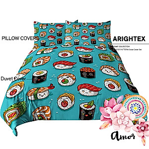 ARIGHTEX Sushi Duvet Cover Set, Blue, Kawaii Style Sushi Smiling Pattern, Decorative 3 Piece Bedding Sets with 2 Pillow Shams, Twin Size