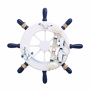 Hooshing Boat Steering Wheel Decor Wooden Mediterranean Style Crafts Rudder Wall Decoration Fishing Net for Wall Door Home Office White