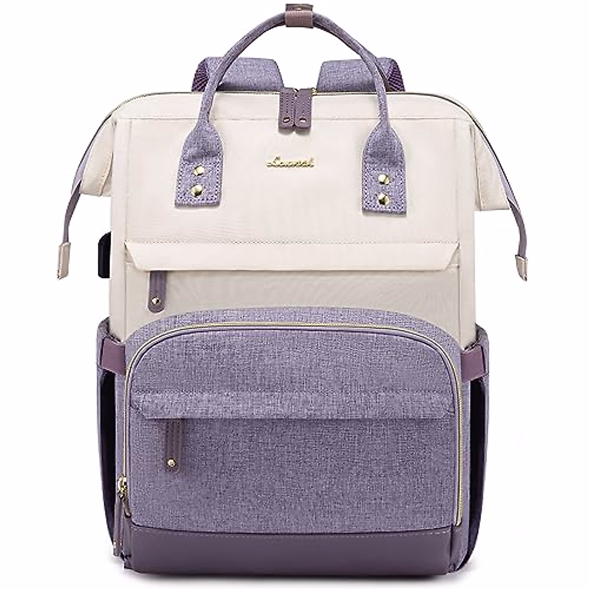 LOVEVOOK Laptop Backpack Purse for Women, Nurse Work Business Travel Backpack Bag, Wide Open Backpack, Lightweight Water Resistent Daypack with USB Charging Port, 17.3 inch, Beige-Light purple