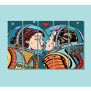 Astronauts Kiss in Space Canvas Print 3 Panels / 36x24 inches
