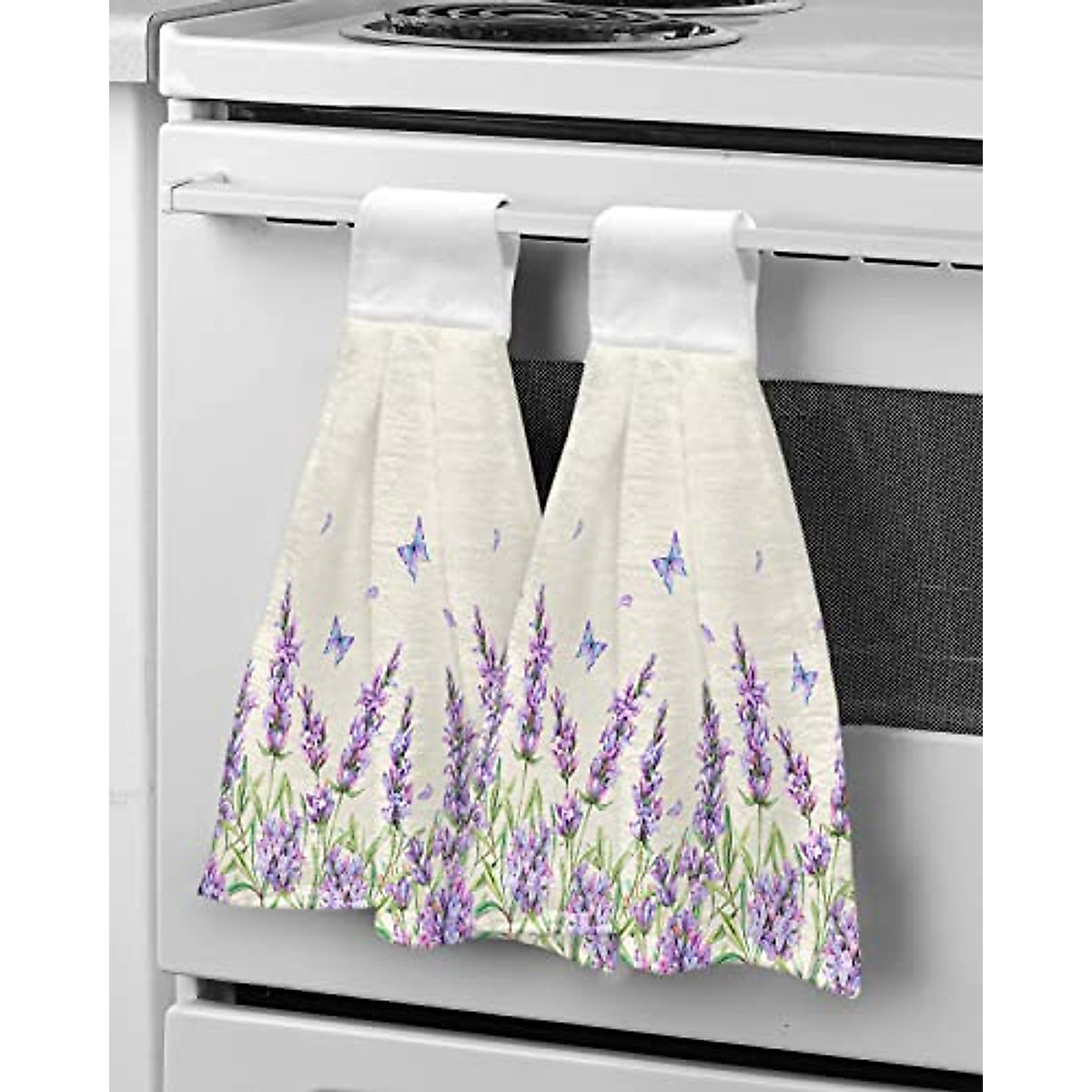 WARM TOUR 1Pcs Kitchen Hanging Towel Country Purple Lavender Flower Butterfly,Absorbent Soft Hand Tie Towel with Loop Fall Floral Retro Linen,Tea Bar Dish Cloth Dry Towel for Bathroom