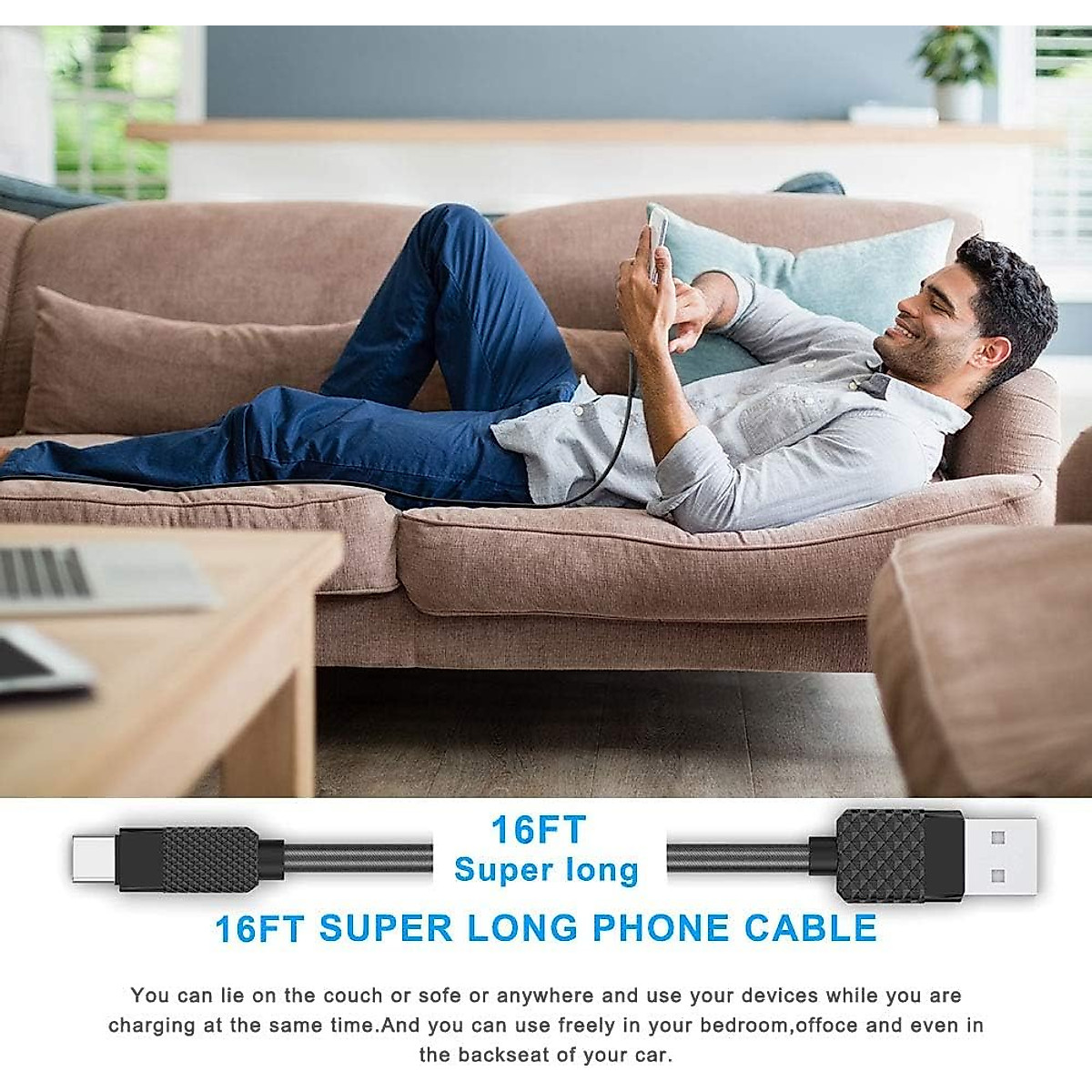 USB Type C Cable Phone Charger, 16FT/5M Type C Charging Cable with Braided Nylon for Samsung Galaxy S10 S9 S8 S20 Plus A51 A11, Note 10 9 8, PS5 Controller, USB C Charger