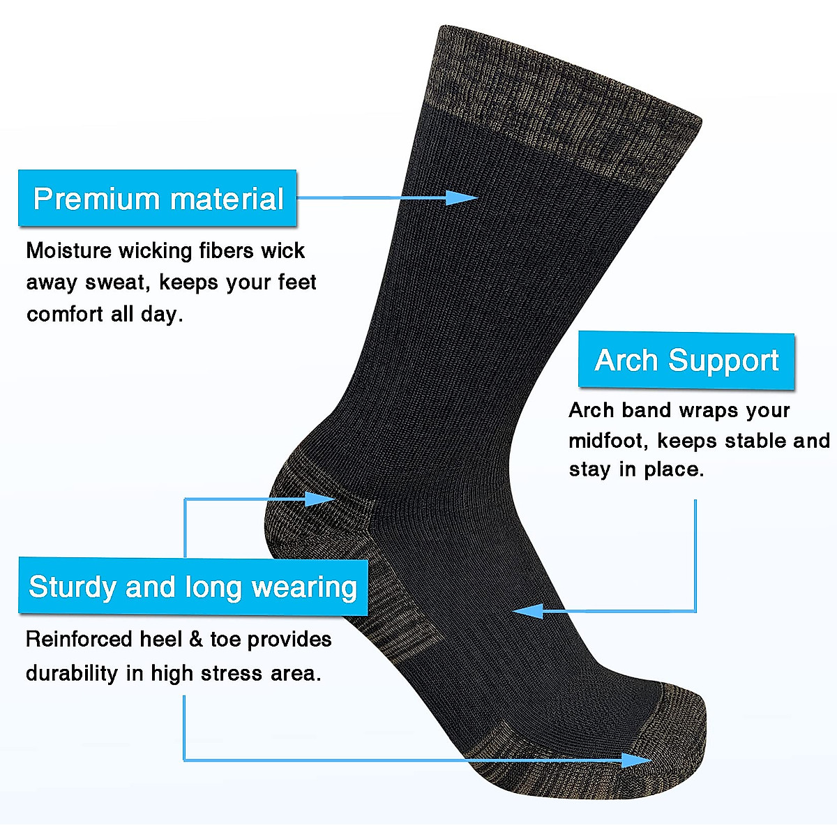 APTYID Men's Moisture Wicking Cushioned Crew Work Boot Socks, Size 9-12, Black, 4 Pairs